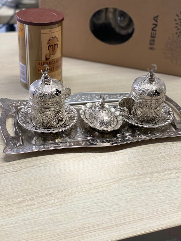Sena Turkish Coffee Set - Double Silver – Istanbul Authentic Bazaar